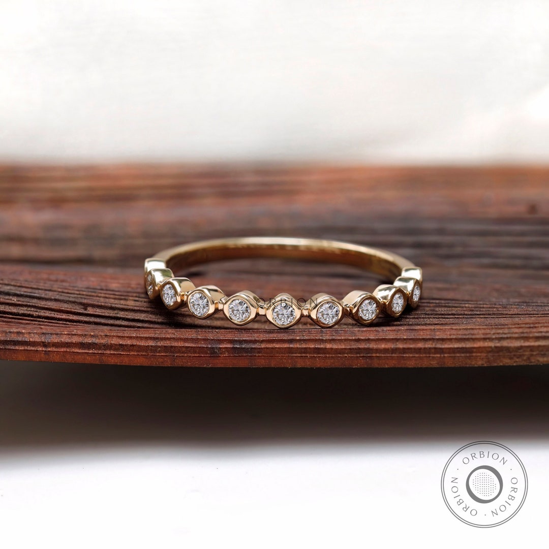 Round Moissanite Bezel Wedding Band, Minimalist Bezel Bubble Band, Half ...