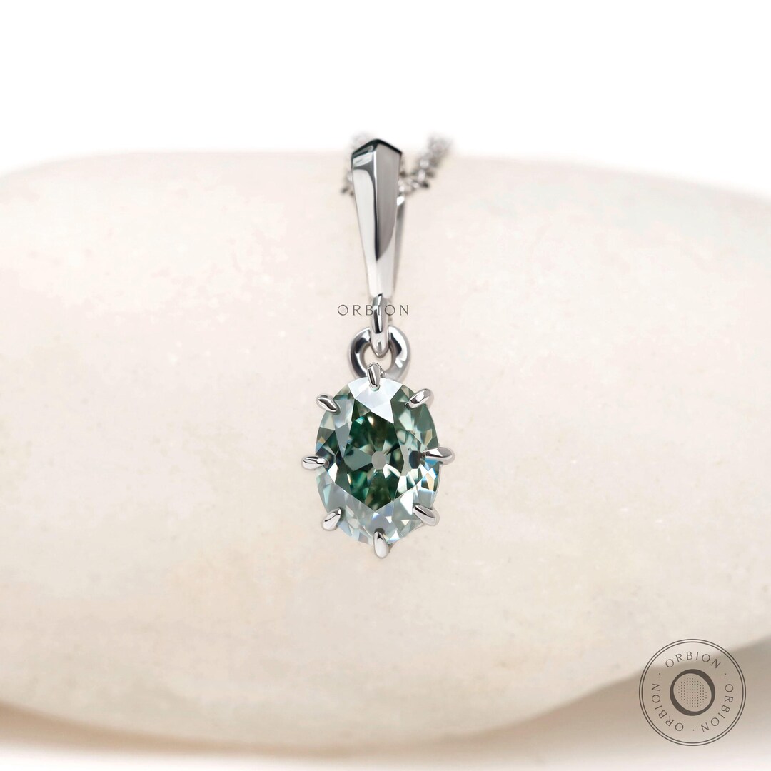 1 CT Old Mine Cut Oval Light Blue Green Moissanite Pendant, Everyday ...