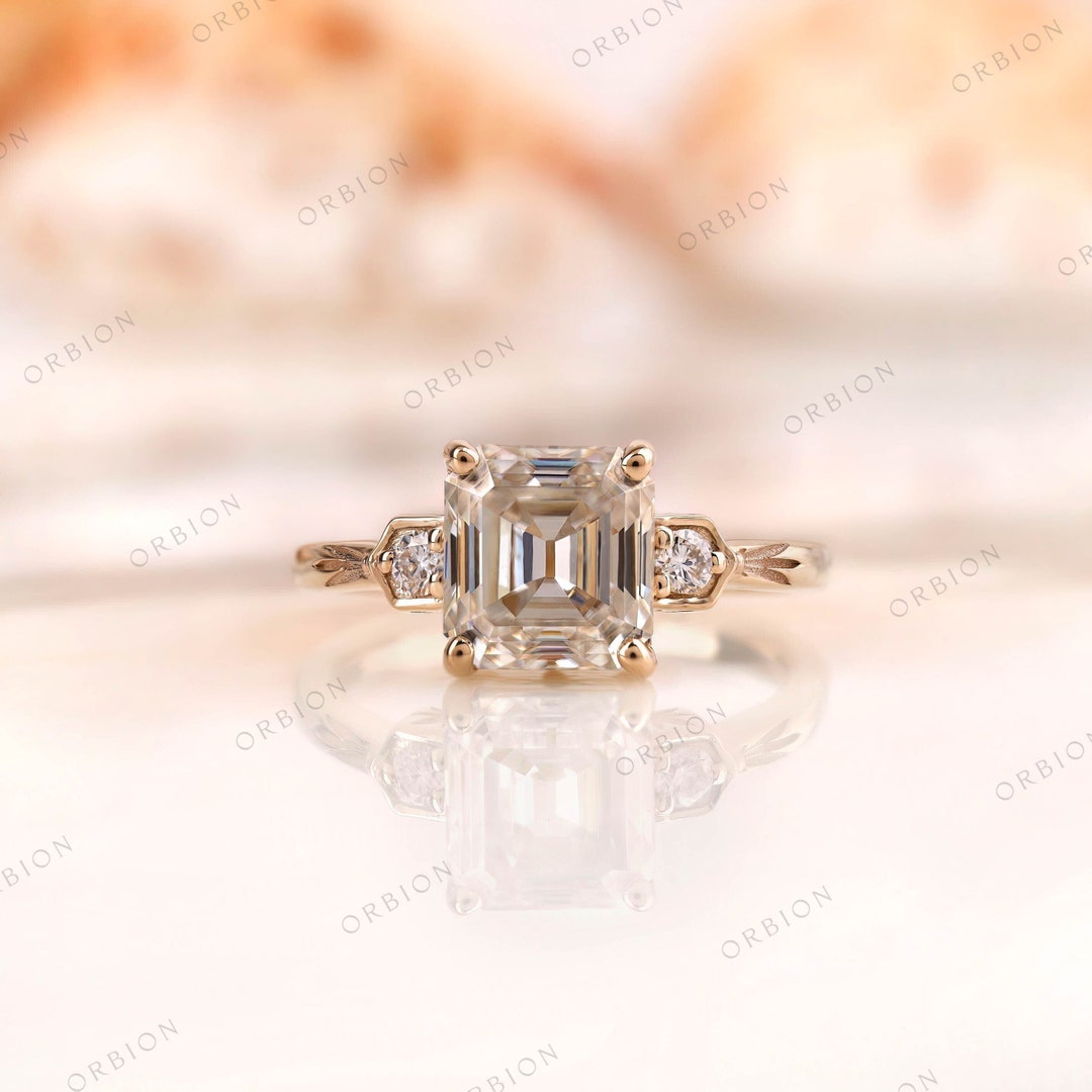 2 Ct Sun Motif Art Deco Asscher Moissanite Engagement Ring, 14K Gold ...