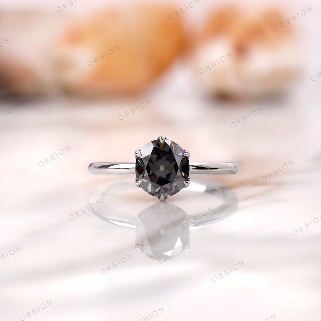 1.6 CT Dark Grey Moissanite Engagement Ring, White Gold OEC Vintage ...