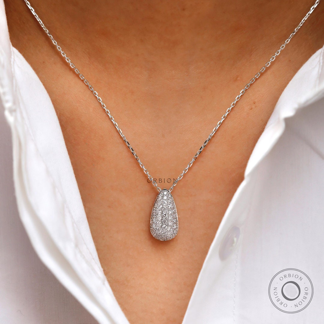 Pave Diamond Teardrop Necklace, Solid Gold Lab Grown Diamond Necklace ...