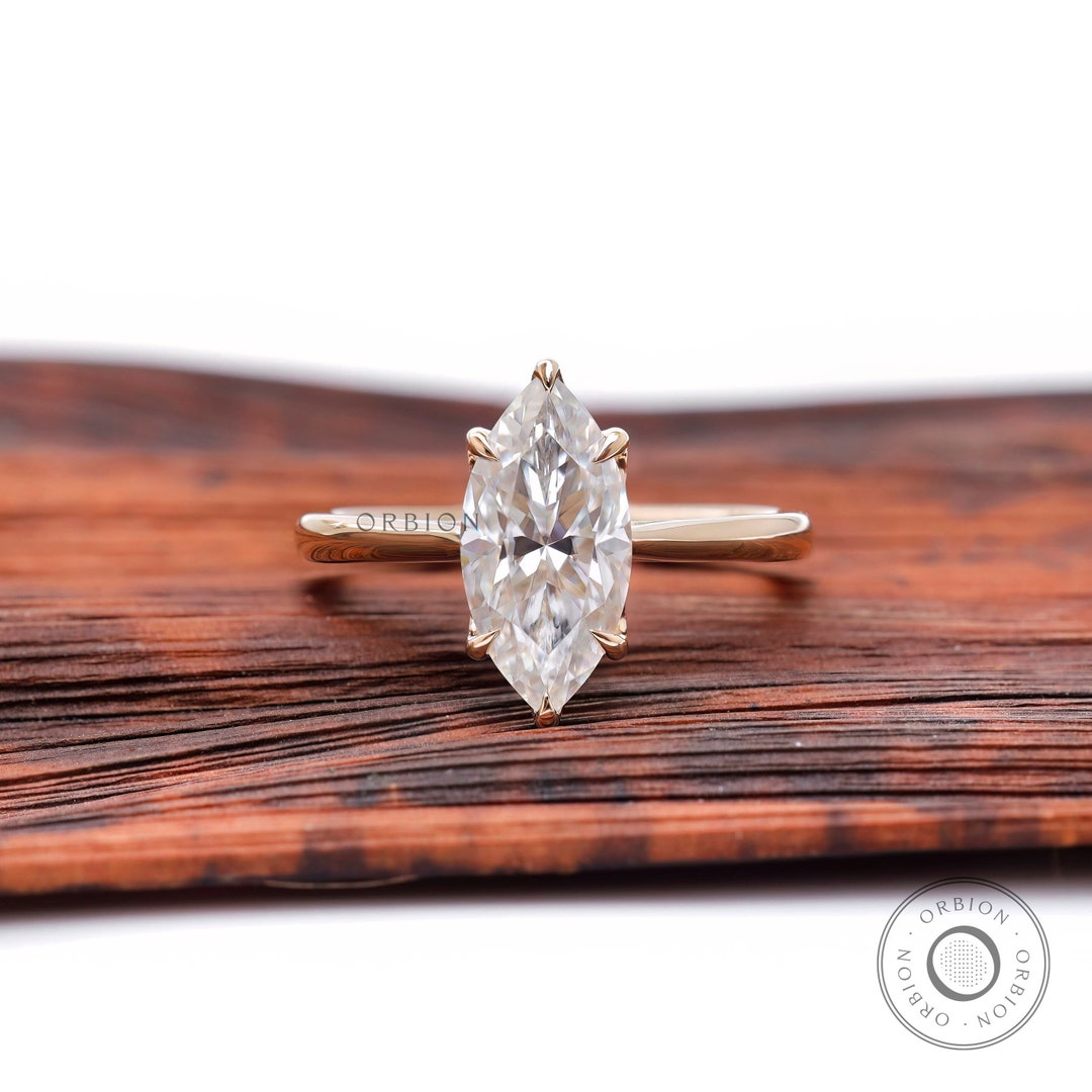 14K Solid Gold Marquise Cut Moissanite Ring, Vintage Style Tulip Set ...