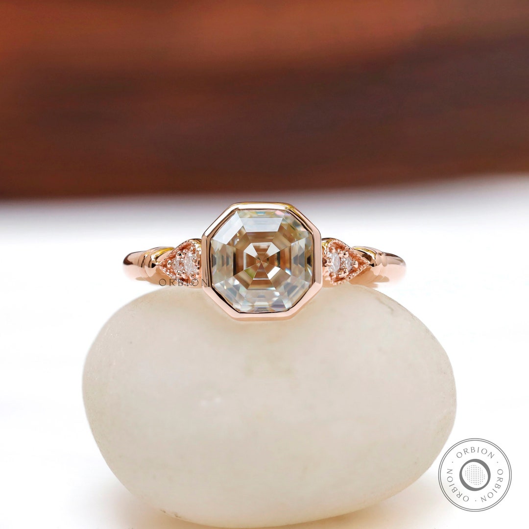 Octavia Asscher Cut off White Moissanite Bezel Cathedral Ring, Rose ...