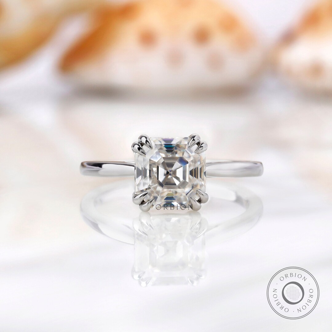 8MM Octavia Cut Asscher Moissanite Ring, Double Claw Prong Engagement ...