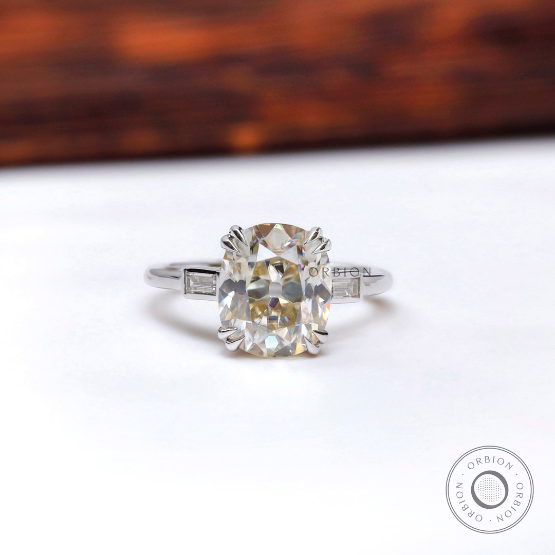 Old Mine Cut Elongated Cushion off White Moissanite Ring White Gold ...