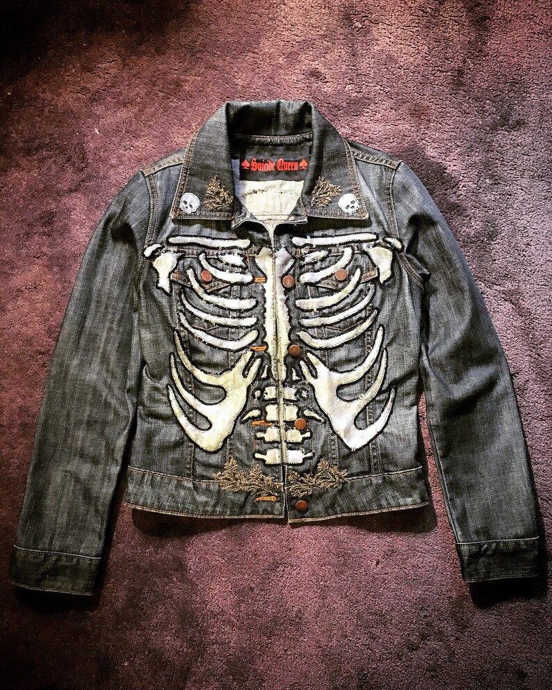 Hand Sewn Embellished Denim Jacket: Gothic Skeleton Biker Style - Etsy
