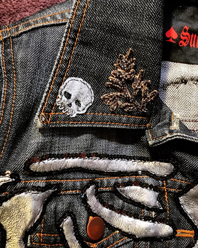 Hand Sewn Embellished Denim Jacket: Gothic Skeleton Biker Style - Etsy