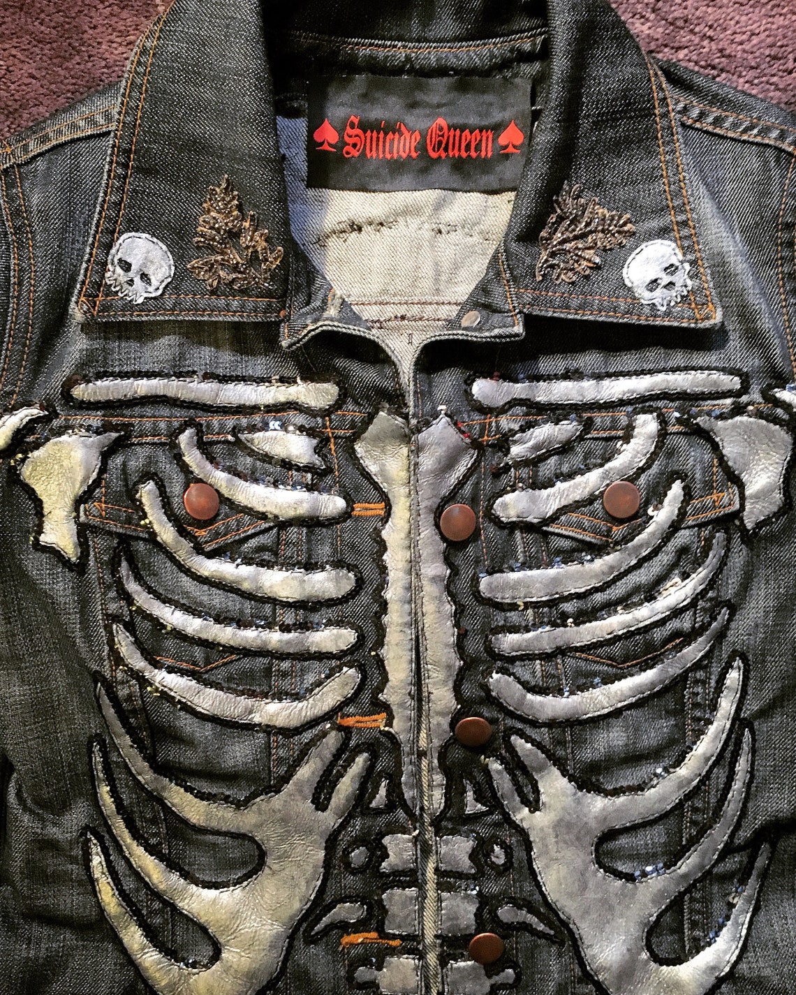 Hand Sewn Embellished Denim Jacket: Gothic Skeleton Biker Style - Etsy