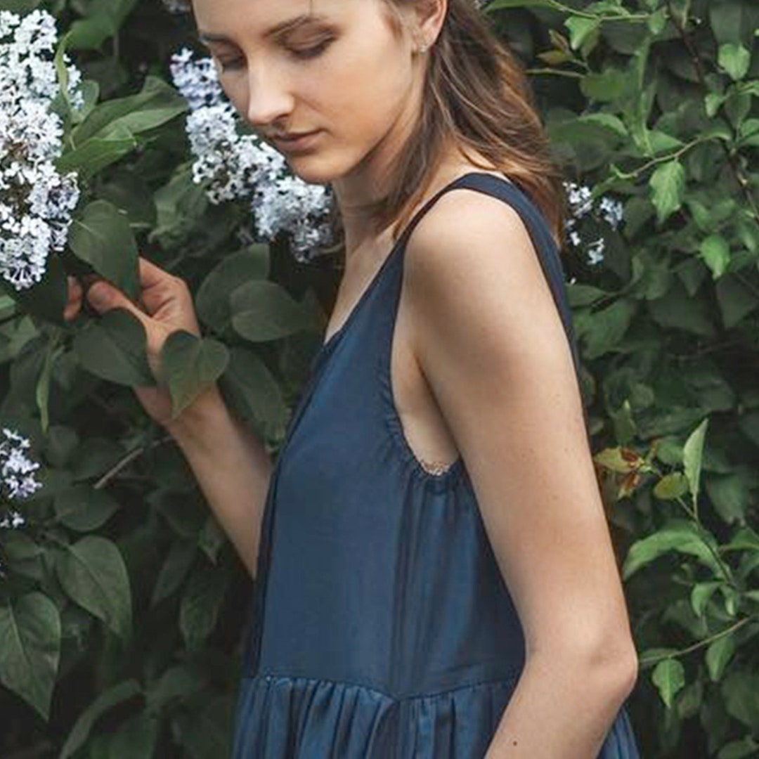 Loose Navy Blue Tiered Dress, Modest Tank Dress With Pockets, Casual ...