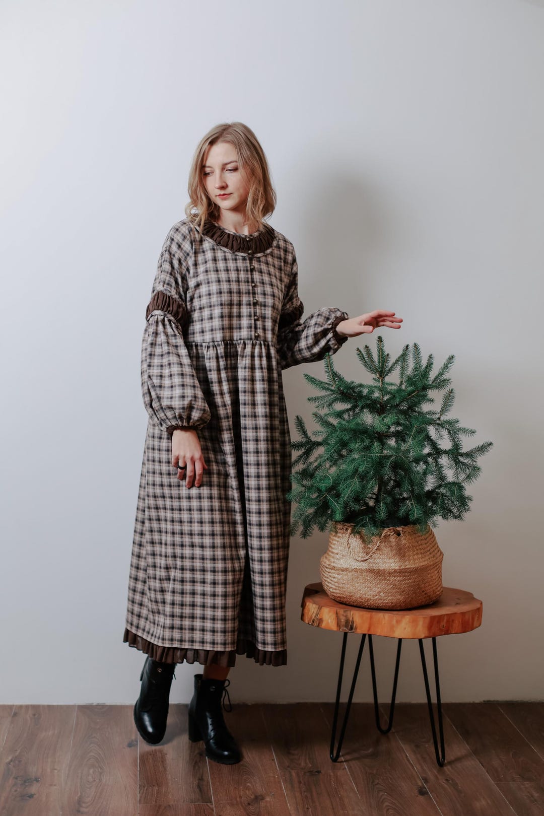 Warm Plaid Cottagecore Dress, Flannel Bishop Sleeve Gingham Dress, Midi ...