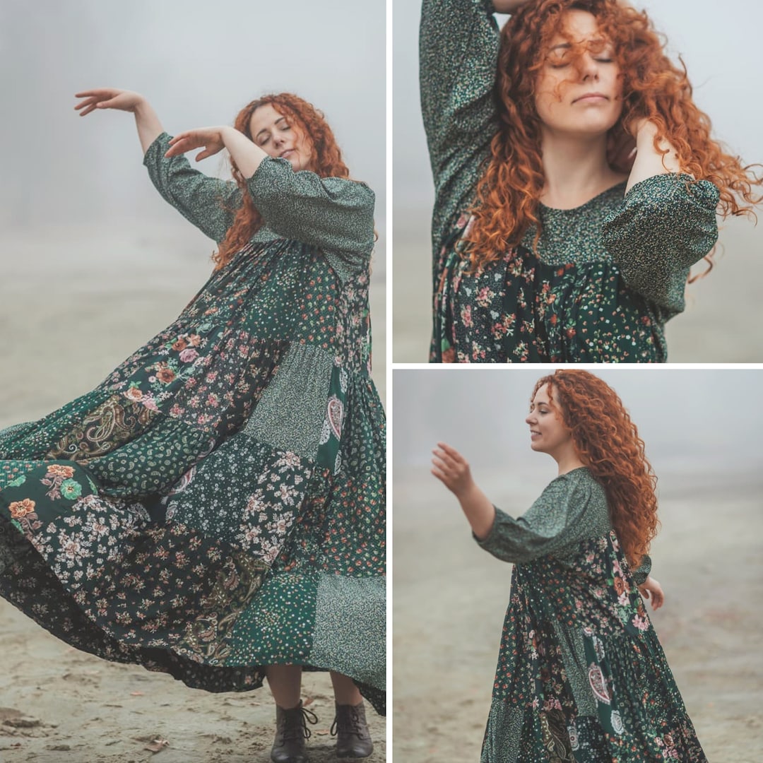 Boho Maxi Dress With Sleeves, Floral Dress, Patchwork Long Dress ...