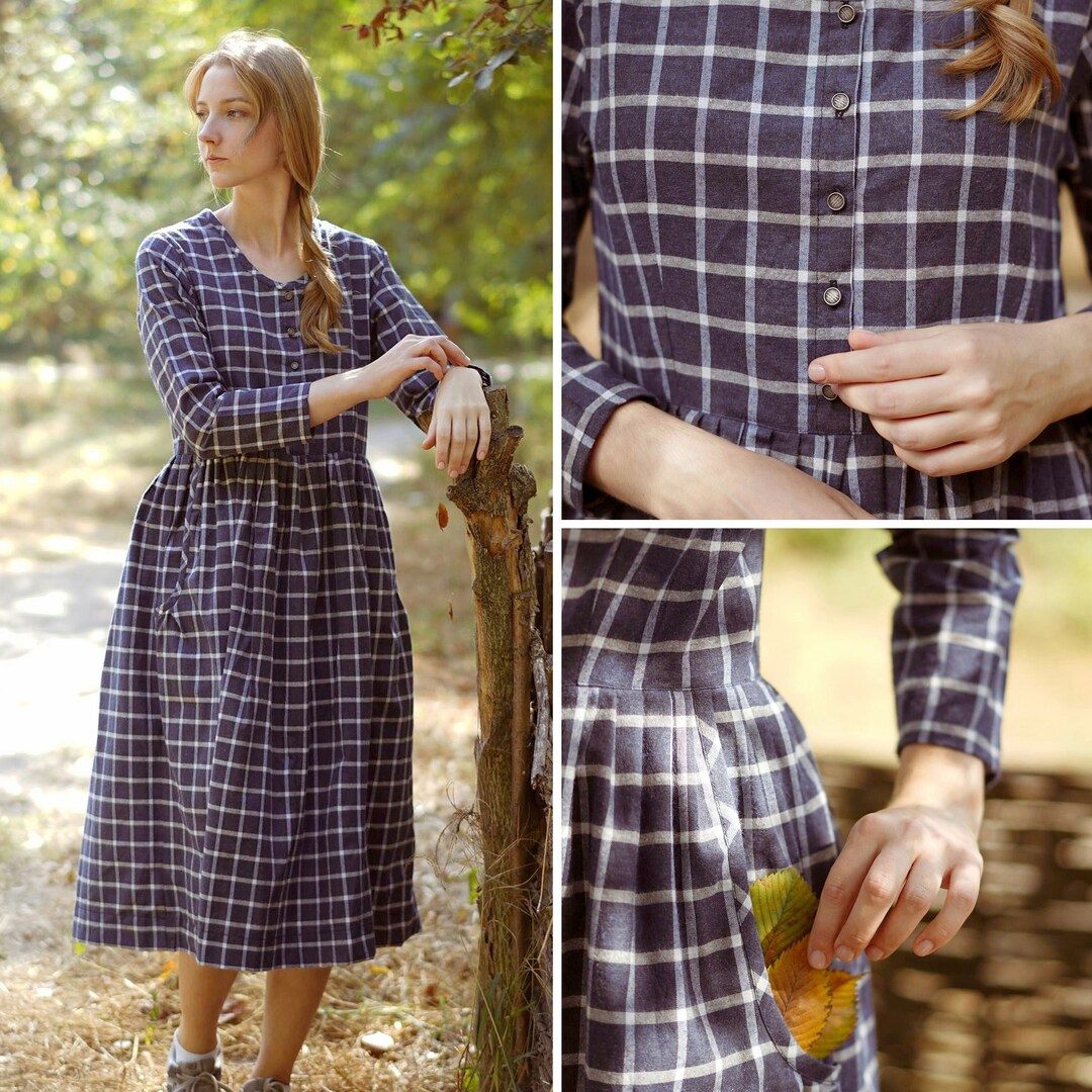 Gingham Midi Country Dress, Checkered Modest Picnic Dress With Pockets ...