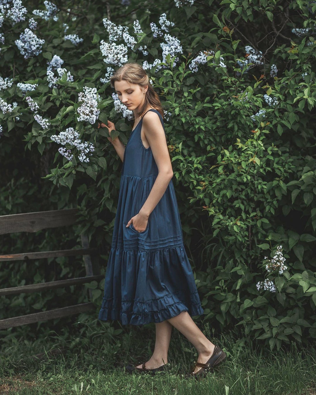Summer Navy Blue Dress, Nautical Midi Dress With Pockets, Tiered Casual ...