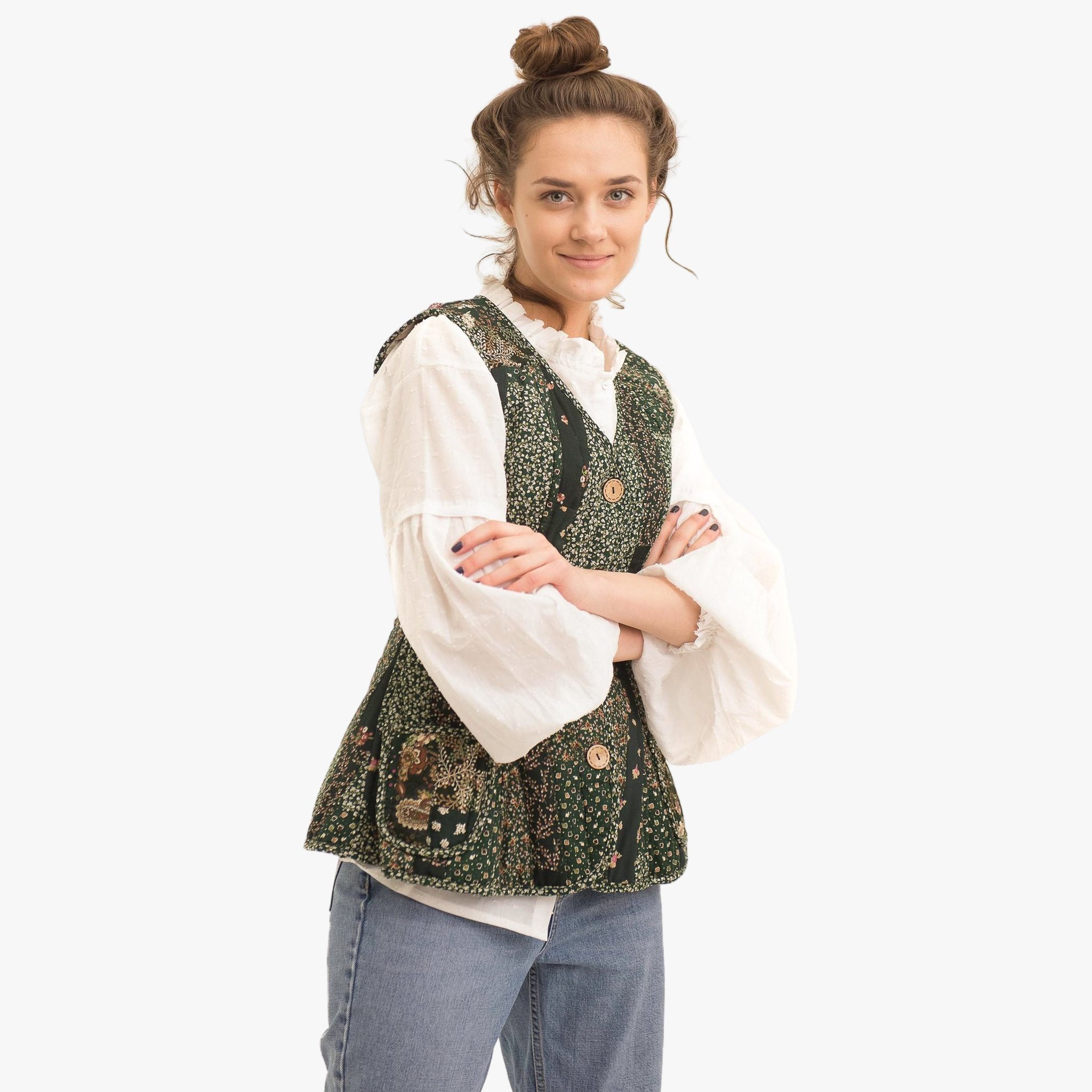 Quilted Womens Waistcoat, Floral Boho Persian Vest, Edwardian Linen ...
