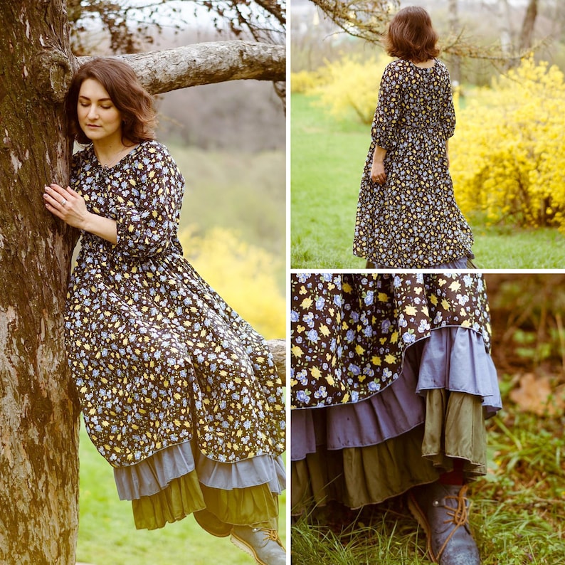 Peasant Boho Floral Maxi Tiered Dress, Retro Flowy Cottagecore Dress ...