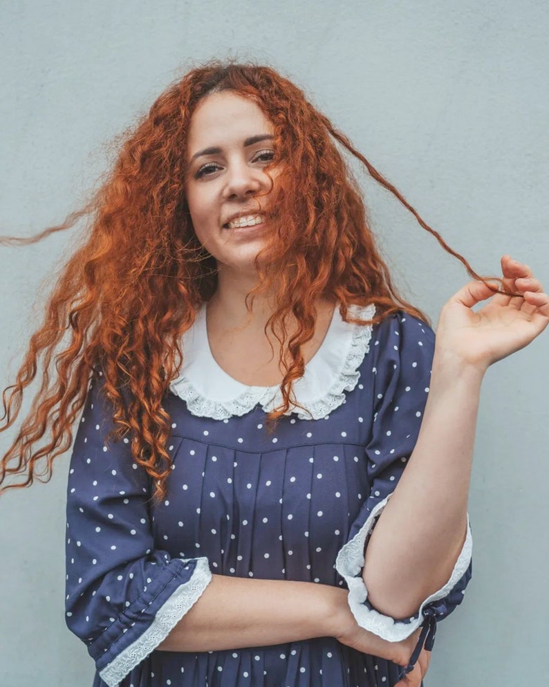 Polka Dot Blue Midi Dress, Platter Collar Polka Dot Dress, Peter Pan ...