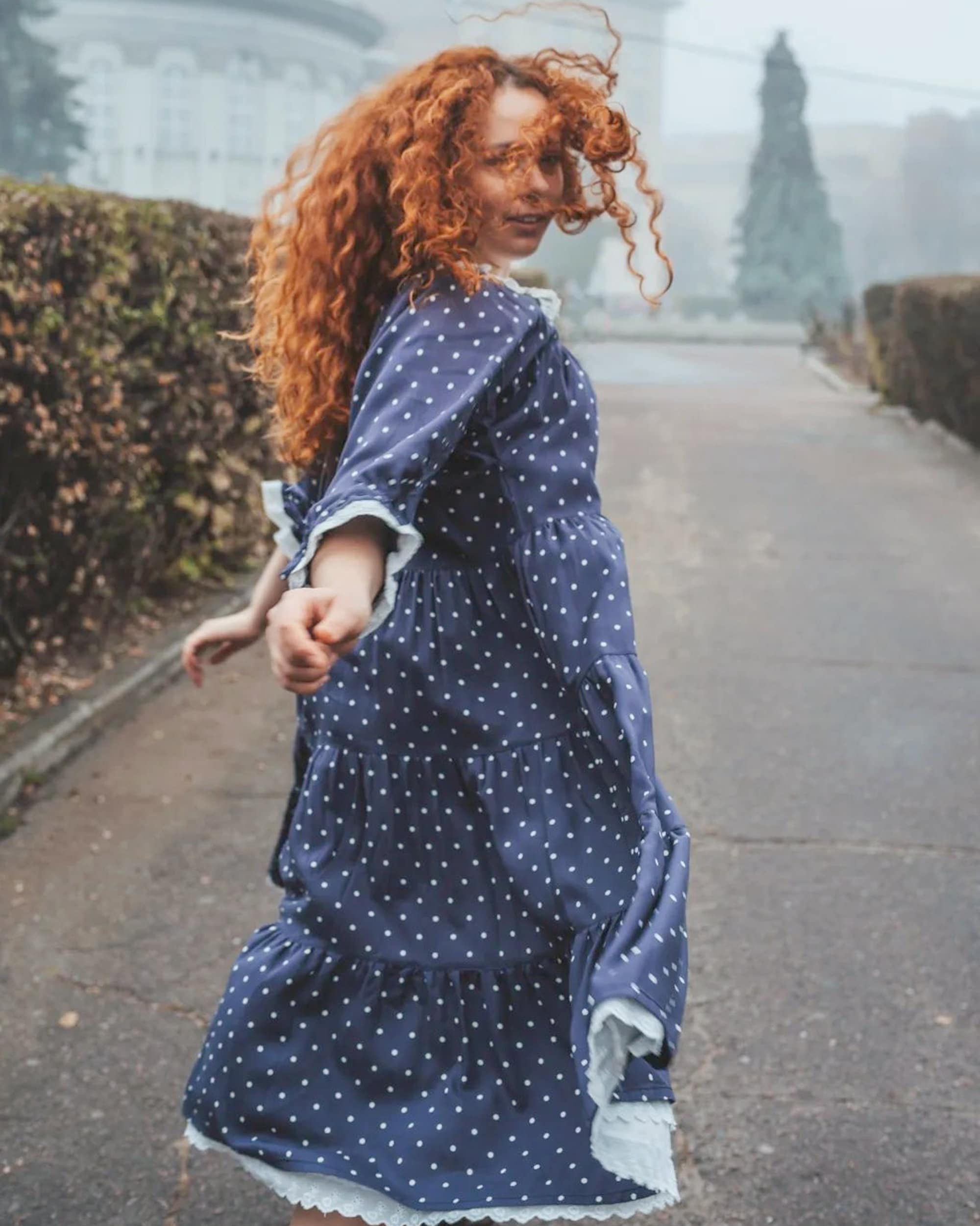 Polka Dot Blue Midi Dress, Platter Collar Polka Dot Dress, Peter Pan ...