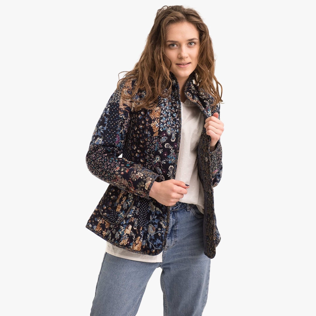 Navy Blue Quilted Jacket, Floral Patchwork Jacket, Retro Quilt Coat ...