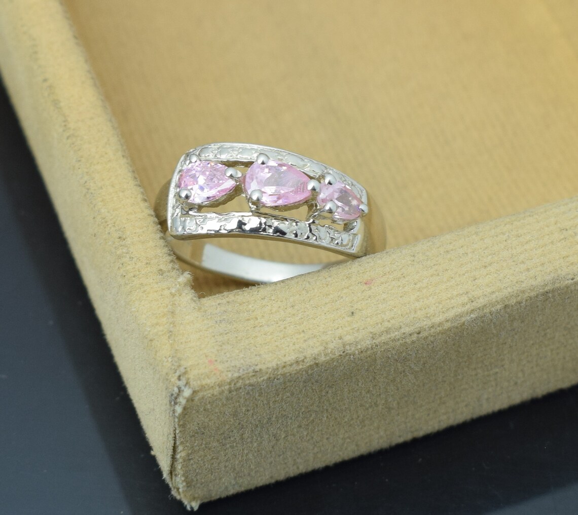 Pink Gemstone Ring 925 Sterling Silver Ring Three Stone | Etsy