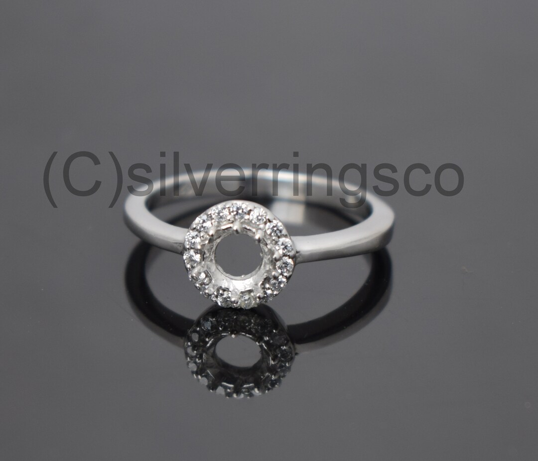 5mm Round Semi Mount Ring, Semi Mount Halo Ring, 925 Sterling Silver ...