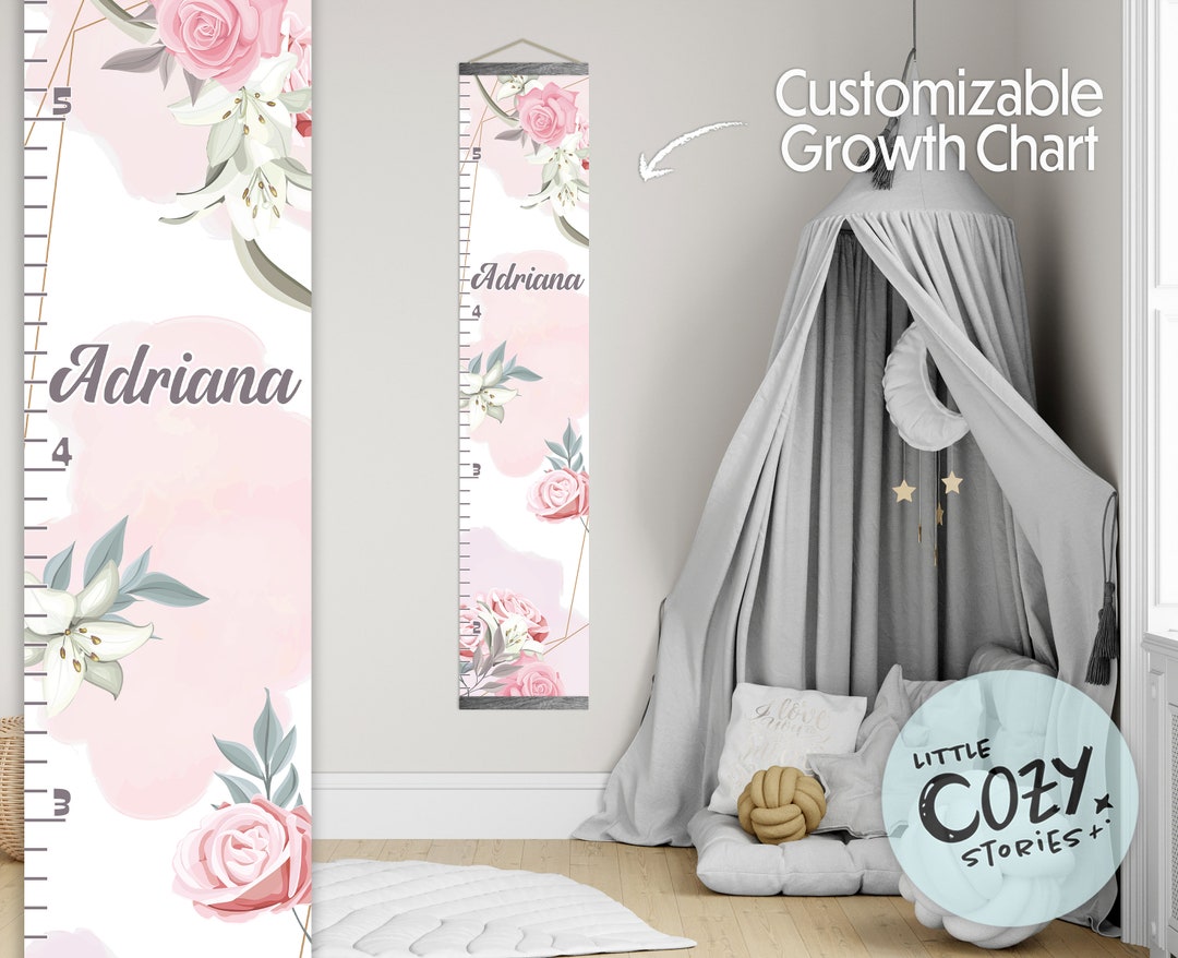 Custom Pink Floral Themed Growth Chart | Girl's Bedroom Roses Decor ...