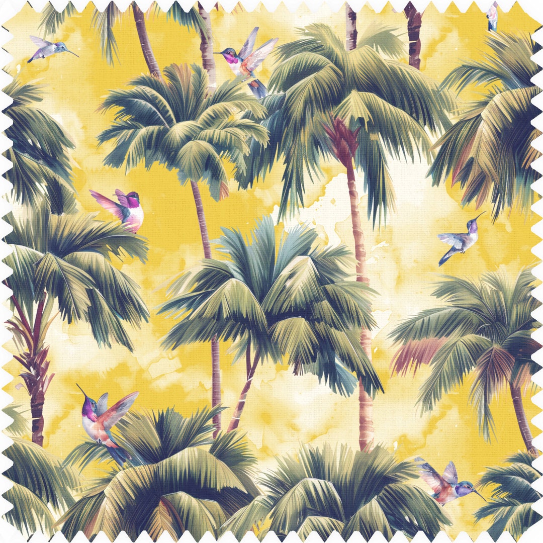 Tropical Palm Tree Fabric, Hummingbird Fabric, Designer Fabric, Yellow ...