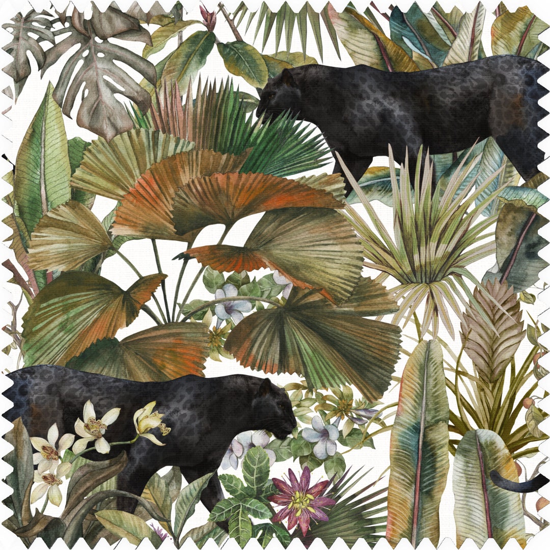 Jungle Jaguar Fabric, Tropical Fabric, Exotic | Orchid | Palm Fabric ...
