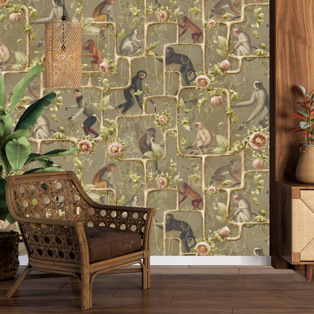 Monkey Trellis Wallpaper Mural, Peel & Stick and Traditional Wallpaper ...