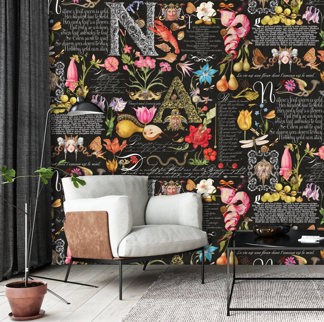Calligraphy Botanical Wallpaper, Eclectic Wallpaper, Peel & Stick ...
