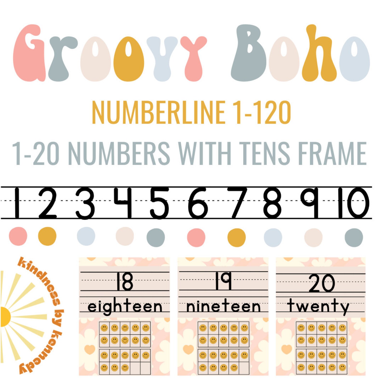 Groovy Boho Number Line and Numbers With Ten Frame Primary Font Instant ...