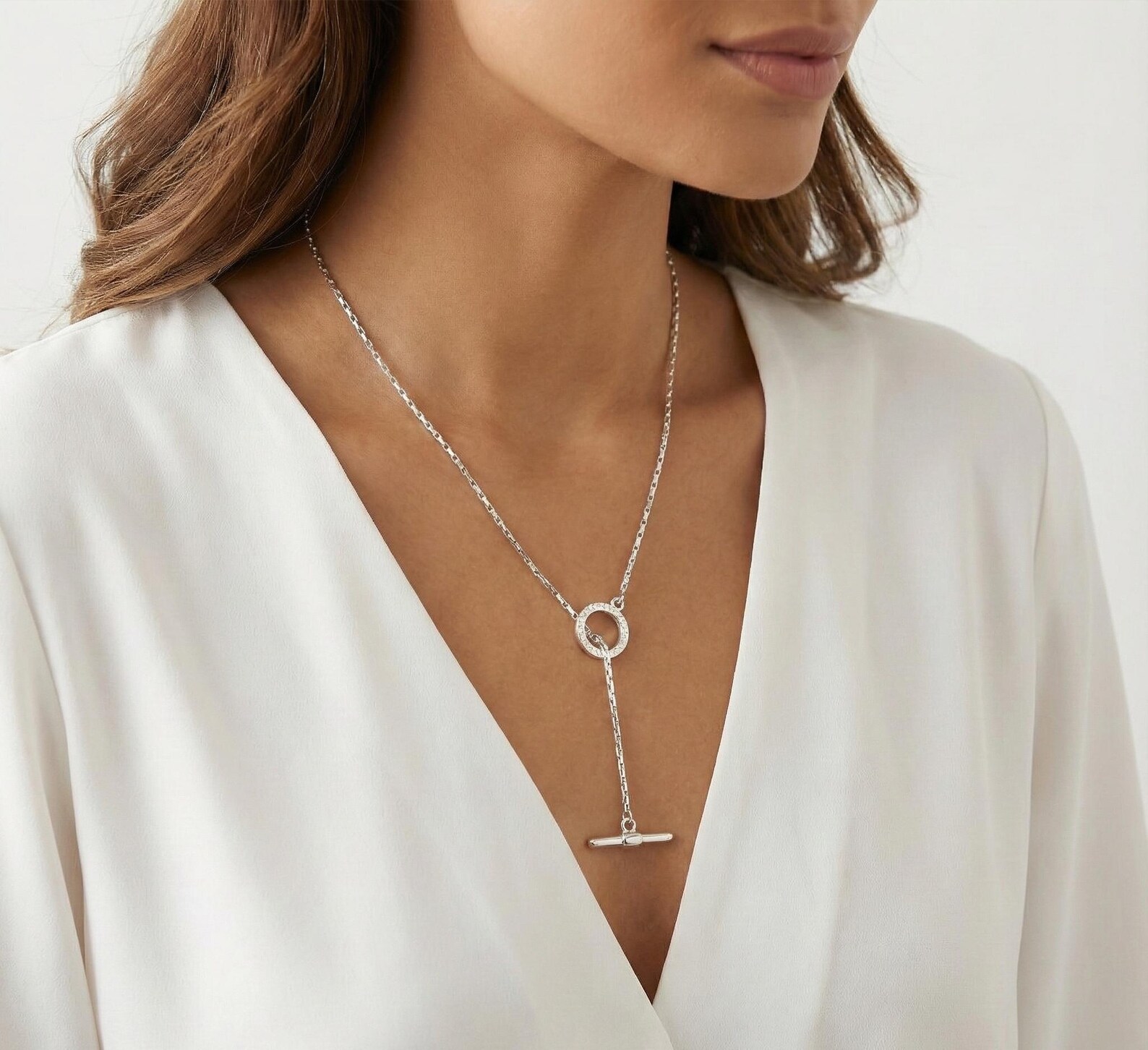 Silver Lariat Necklace, T Bar Necklace, Toggle Clasp Necklace, Chain ...