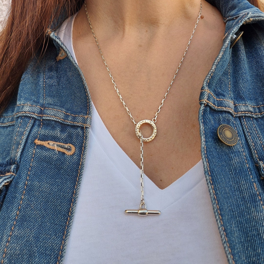 Silver Lariat Necklace, T Bar Necklace, Toggle Clasp Necklace, Chain ...
