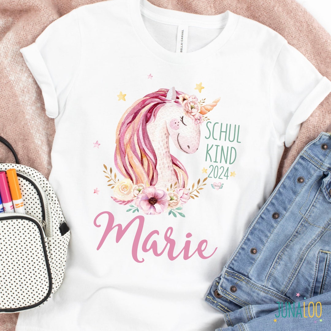 Schulkind 2024 Mädchen Einhorn T-shirt Schulanfang Geschenk Zur Einschulung Personalisiert Mit ...