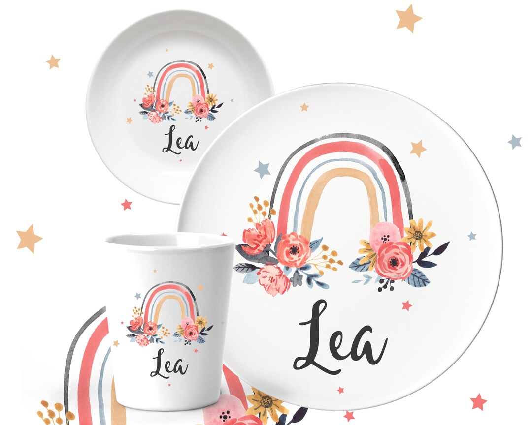 Kindergeschirr mit Namen Mädchen Kindergeschirr Set Personalisiert mit Namen Regenbogen ...