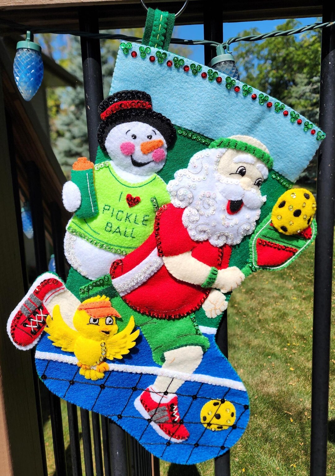 Completed Merry Stockings Pickleball Santa 18" Felt Christmas Stocking ...