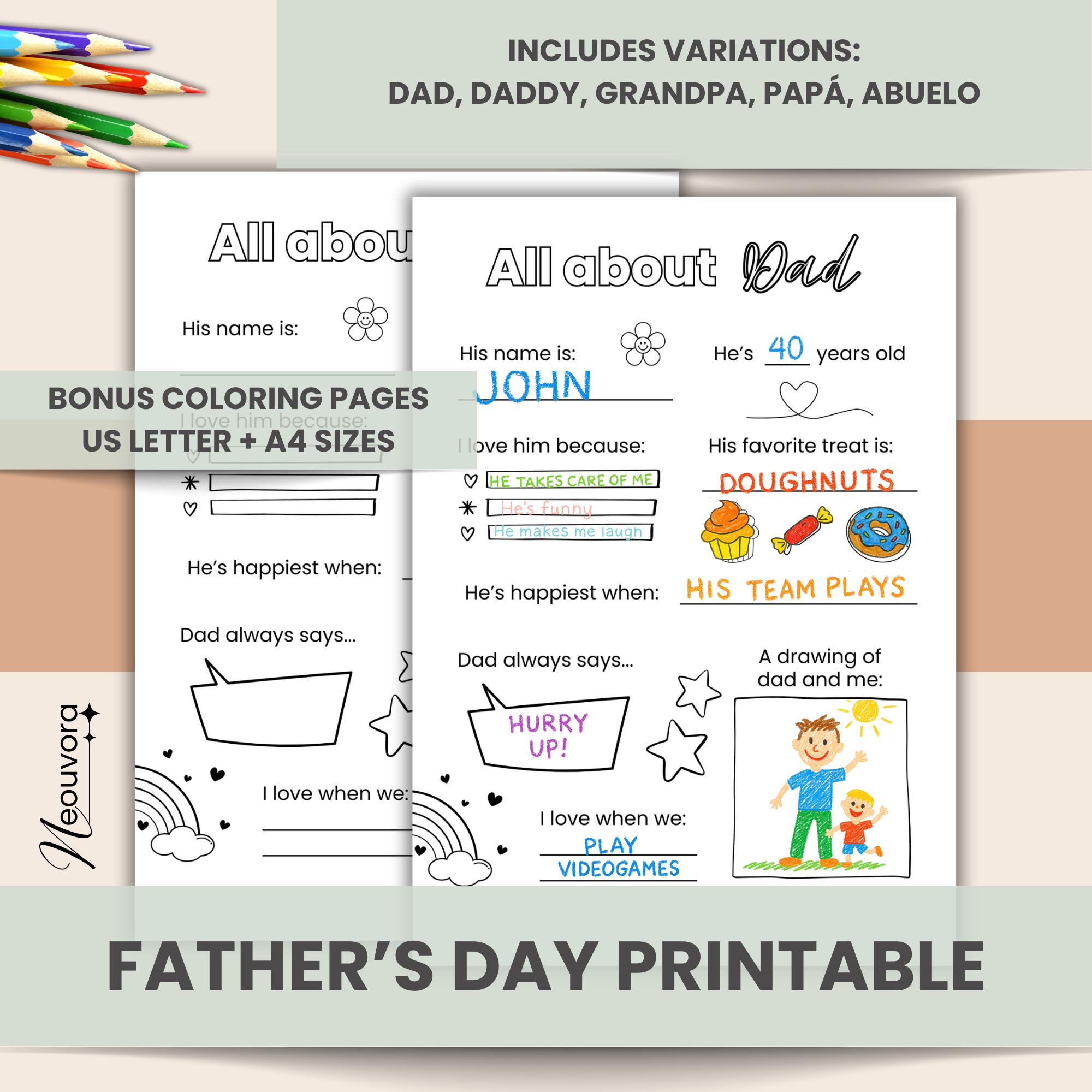 All About Dad Printable | Father’s Day Activity | Gift for Dad, Daddy ...