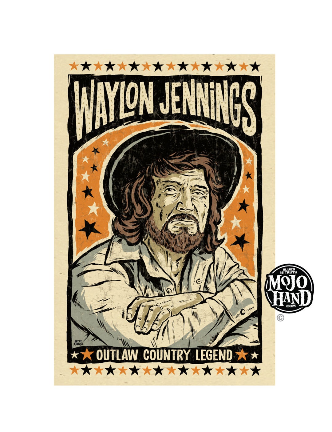 Waylon Jennings Folk Art Tribute Poster - 12"x18" Signed by the Artist ...