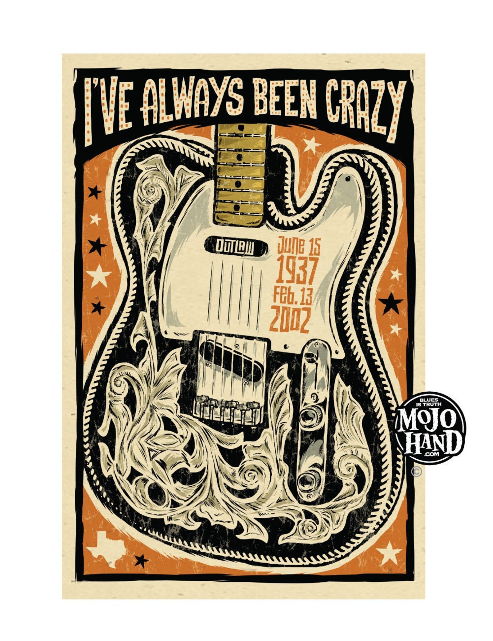 Waylon Jennings Guitar Folk Art Tribute Poster - 12"x18" Signed by the ...