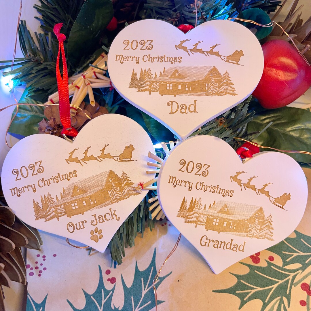 Merry Christmas 2025 Log Cabin | Reindeer Sleigh | Set of 3 White Heart ...