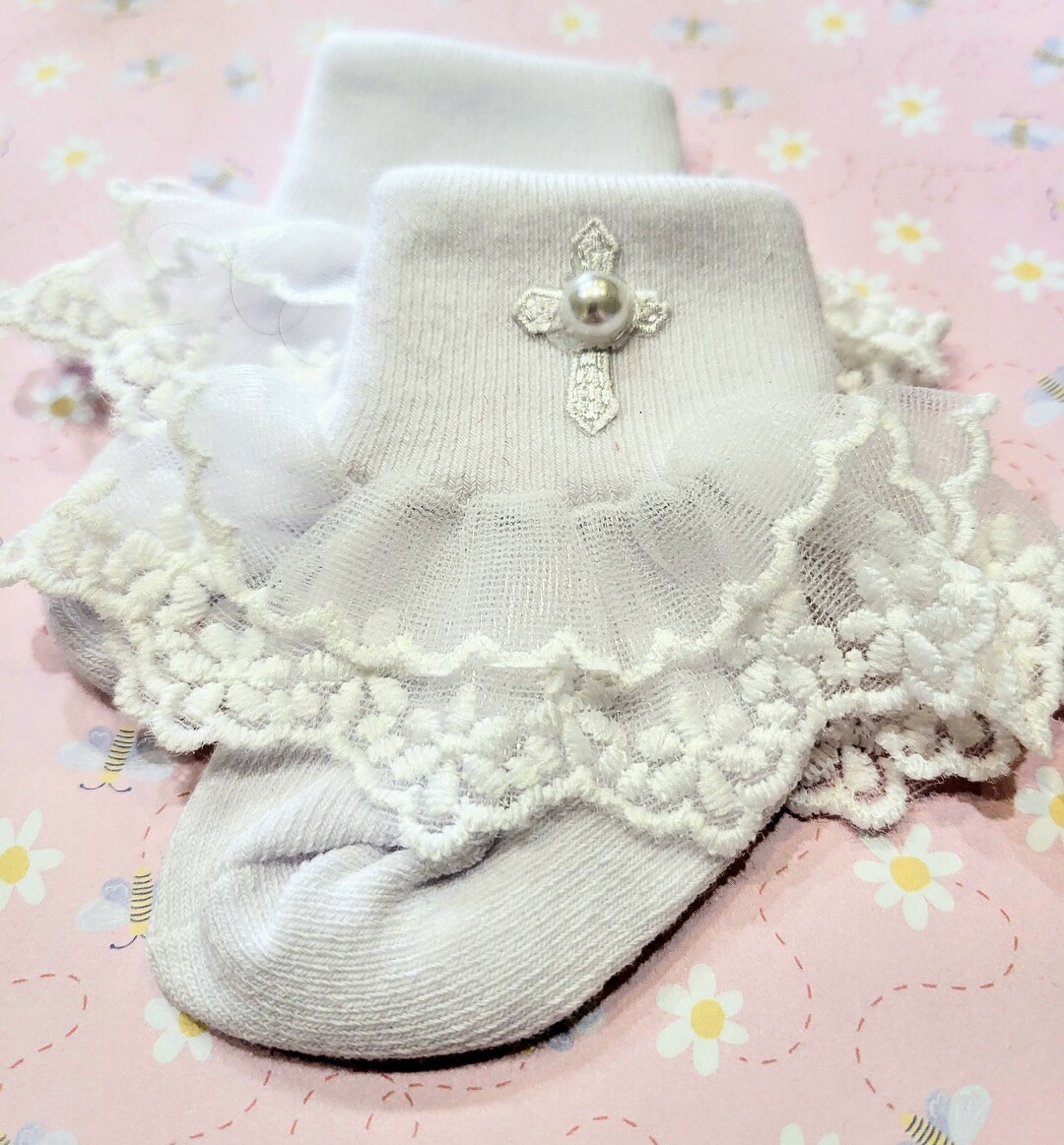 Christening or Baptism Baby Socks With Embroidered Cross With a Pearl ...