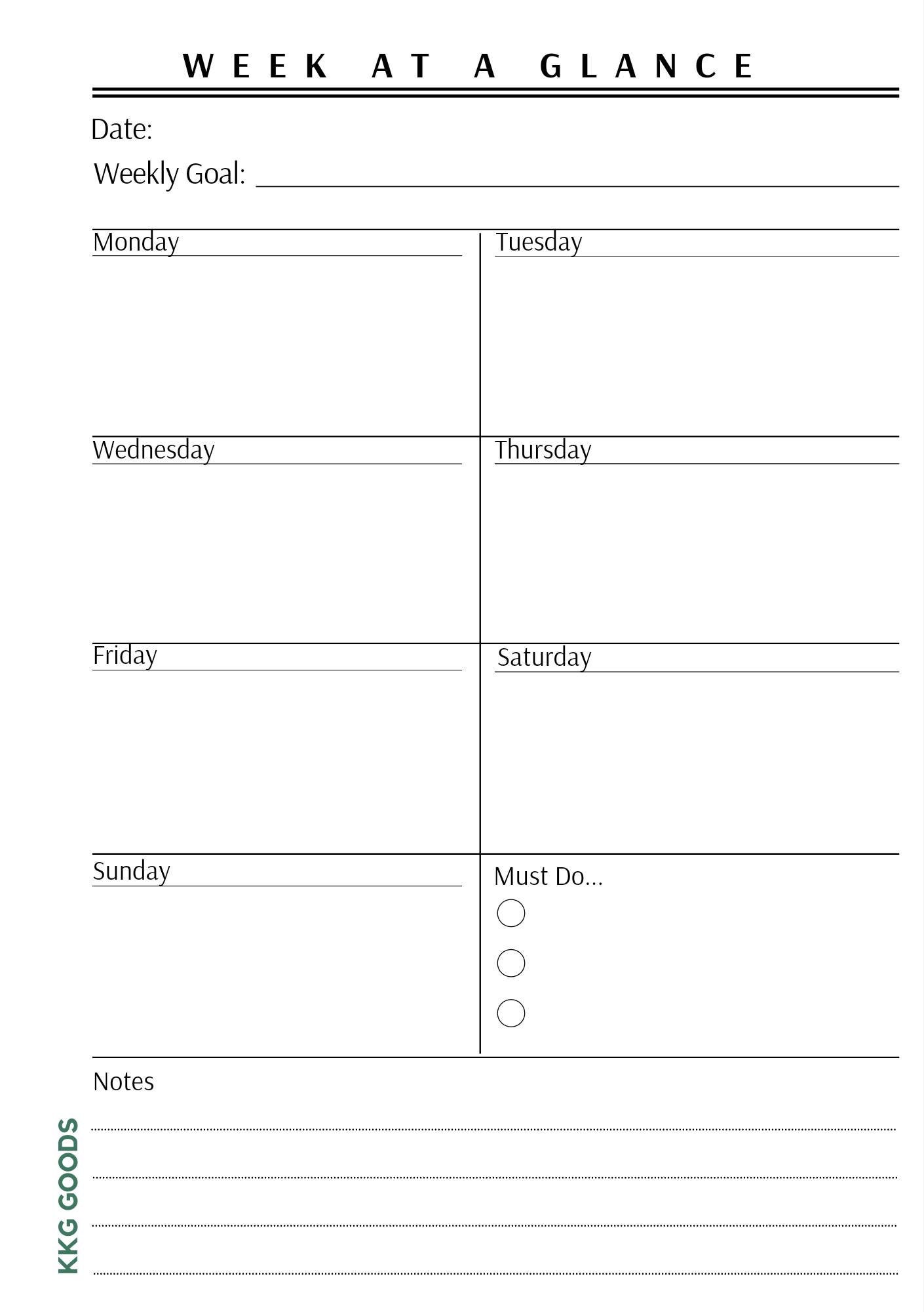 Week at a Glance Printable, Planner Sheet Printable, Printable Planner ...