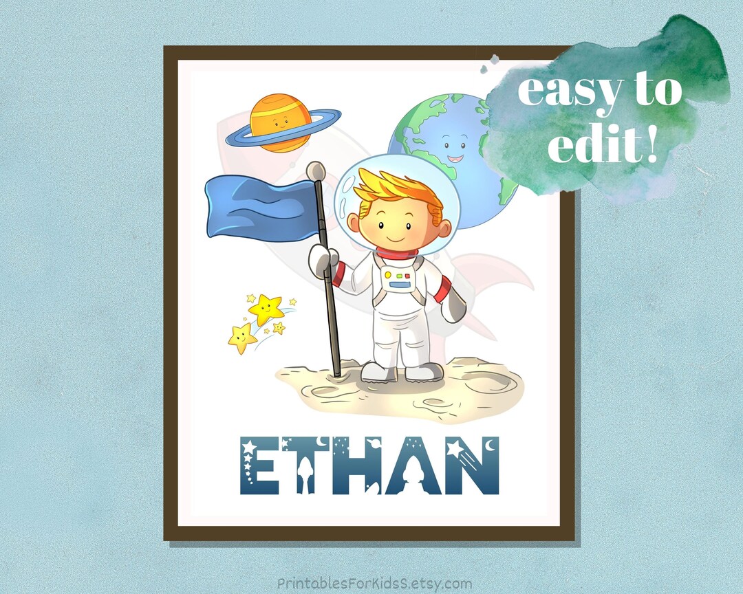 Editable Name, Astronaut, Planets and Rocket in Space Printable Wall ...