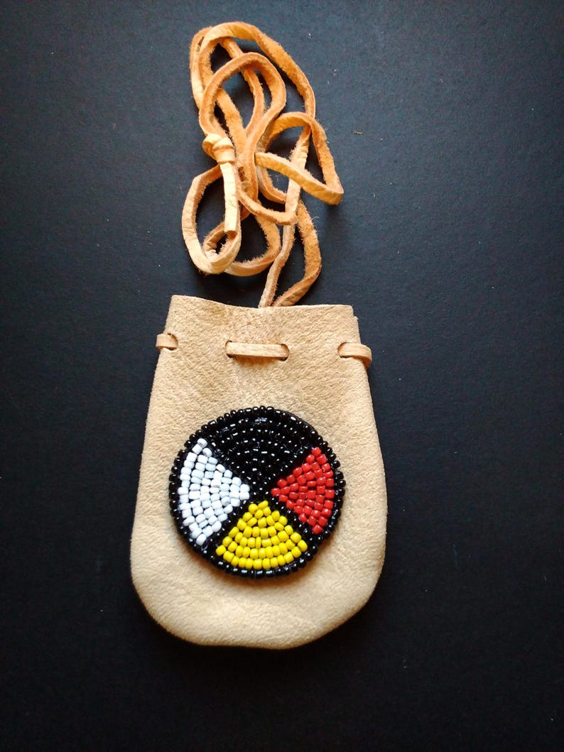 Deer Hide Medicine Bag Necklace: Beaded Rosette, Four Directions - Etsy