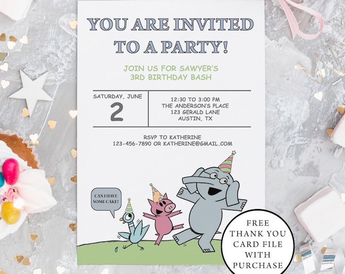 Piggie and Gerald Inspired Children's Birthday Party Invitation Piggie ...