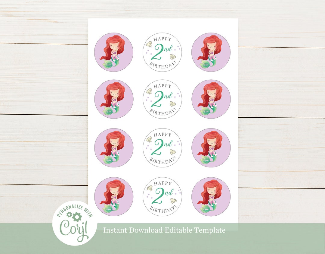 Little Mermaid Watercolor Princess Birthday Party Cupcake Toppers ...