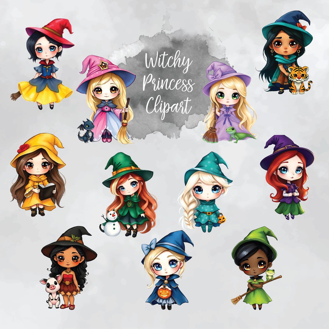 Witch Princesses Halloween Clipart, PNG - Instant Download - Etsy