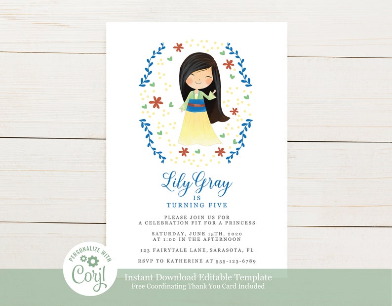 Editable Template Mulan Princess Birthday Party Invitation - Etsy