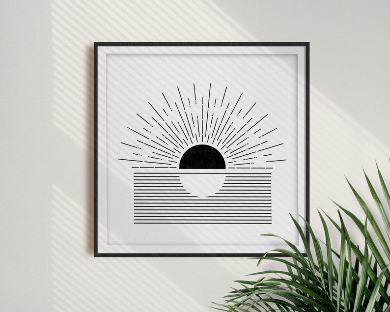 RISING SUN Line Art Mid Century Modern Printable Geometric Wood Block ...