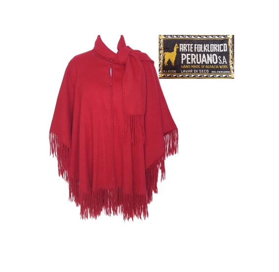 Alpaca Wool Cape Peru One Size Vintage Red Fringe Sca… - Gem