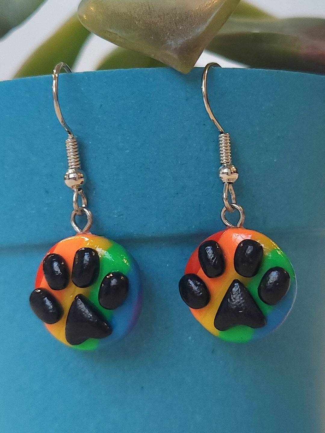 Dog Paw Print Dangle Earrings Rainbow/black - Etsy